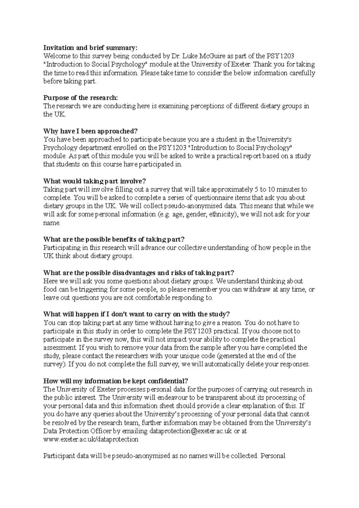 PSY1203 Practical 2022 Protocol - Invitation and brief summary: Welcome ...