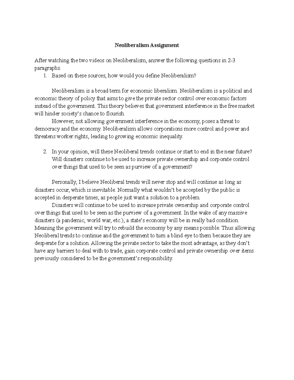 Neoliberalism Assignment - Neoliberalism Assignment After watching the ...