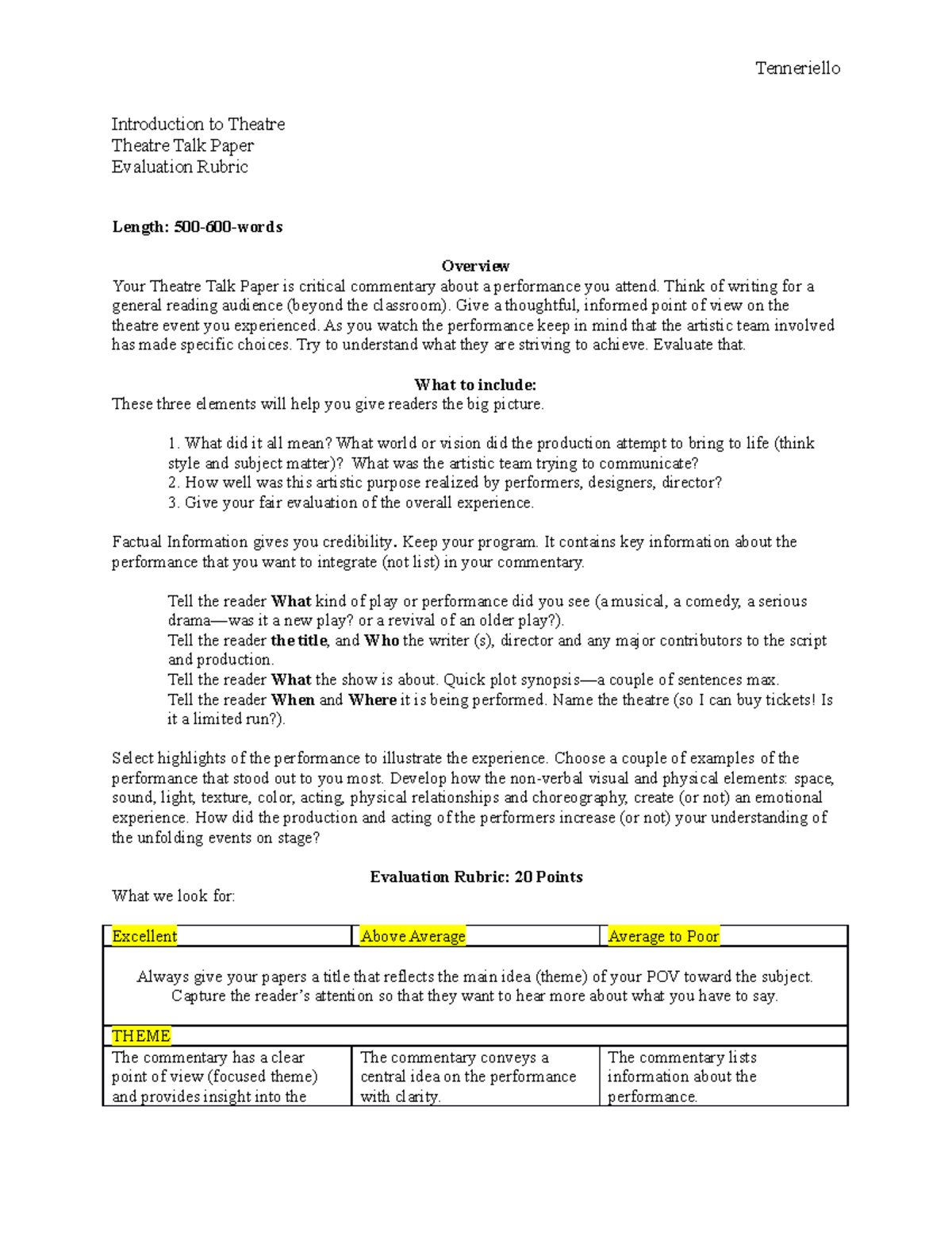 Theatre Talk Paper Guide - Tenneriello Introduction to Theatre Theatre ...