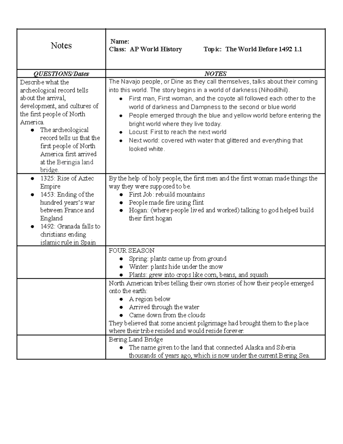 Notes The world before 1492 - Notes Name: Class: AP World History Topic ...