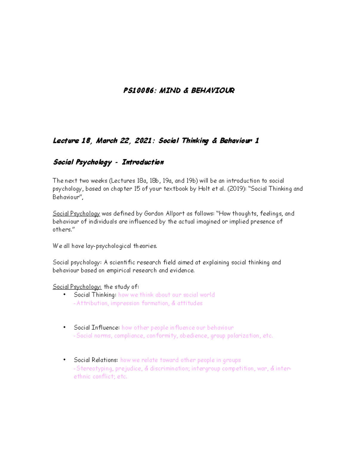 Completed handout for lecture 18a Adam- Social thinking - PS10086: MIND & BEHAVIOUR Lecture 18 ...