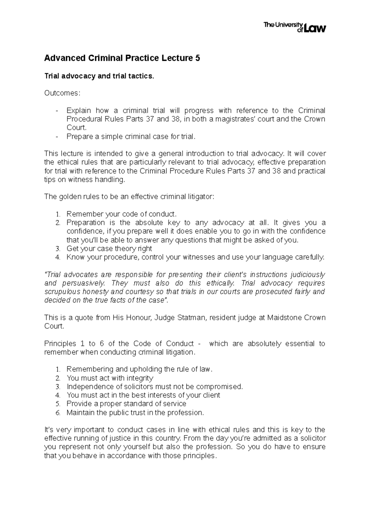 Criminal Law - Lecture 5 - Advanced Criminal Practice Lecture 5 Trial ...