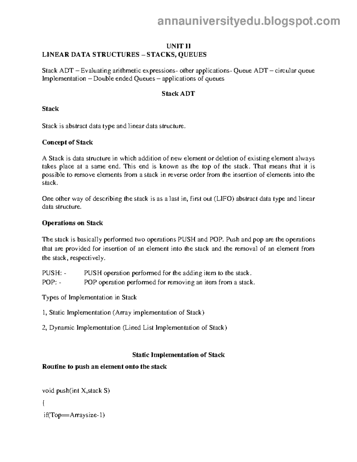 Data Structure 2 Ques Unit Ii Linear Data Structures Stacks Queues Stack Adt Evaluating