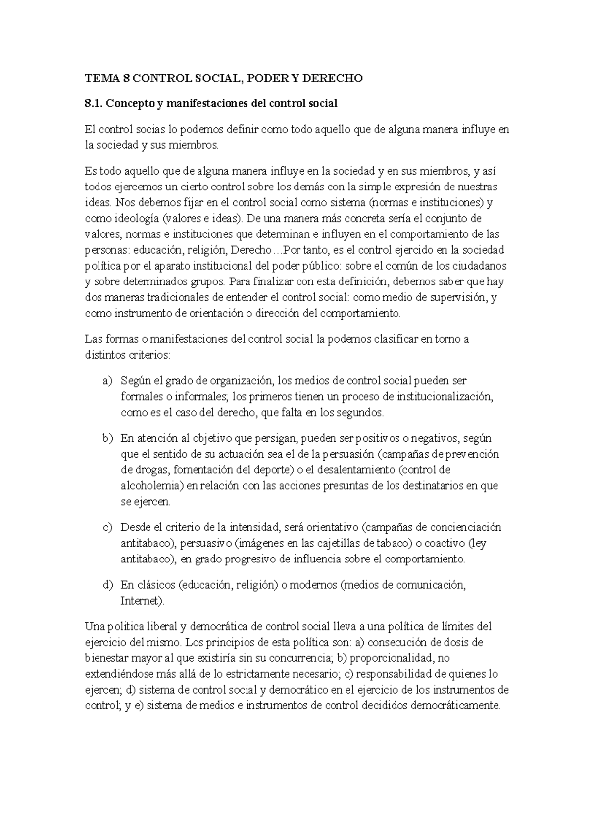 Tema 8 - Apuntes 8 - TEMA 8 CONTROL SOCIAL, PODER Y DERECHO Concepto y ...