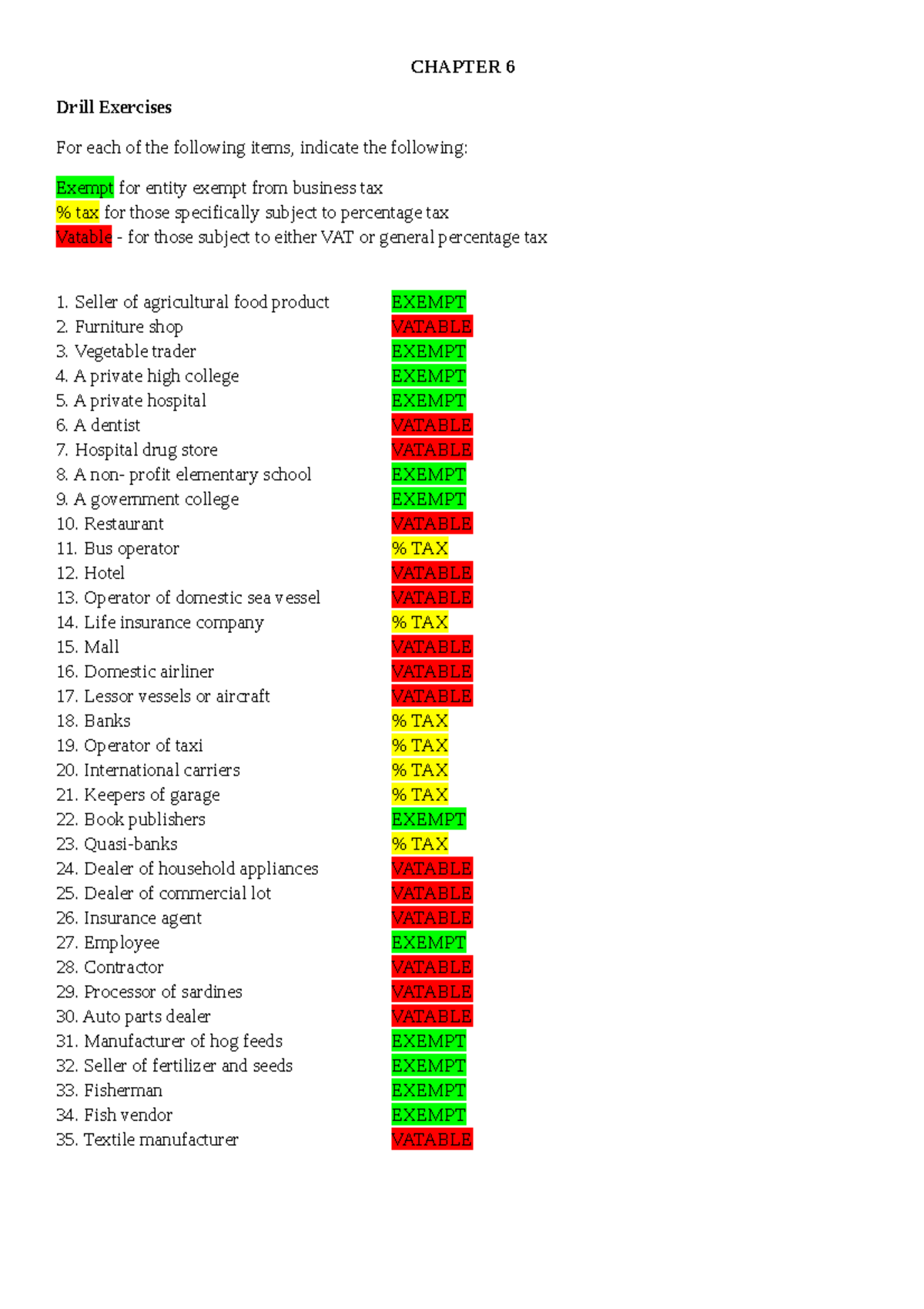 Chapter 6 7 and 8 TAX - Description - CHAPTER 6 Drill Exercises For each of the following items ...