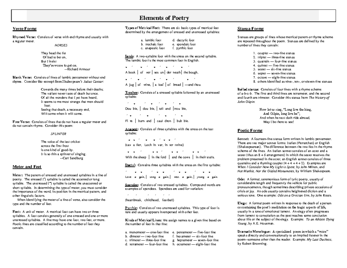 Elements of Poetry - class work chapter 8 - Elements of Poetry Verse ...
