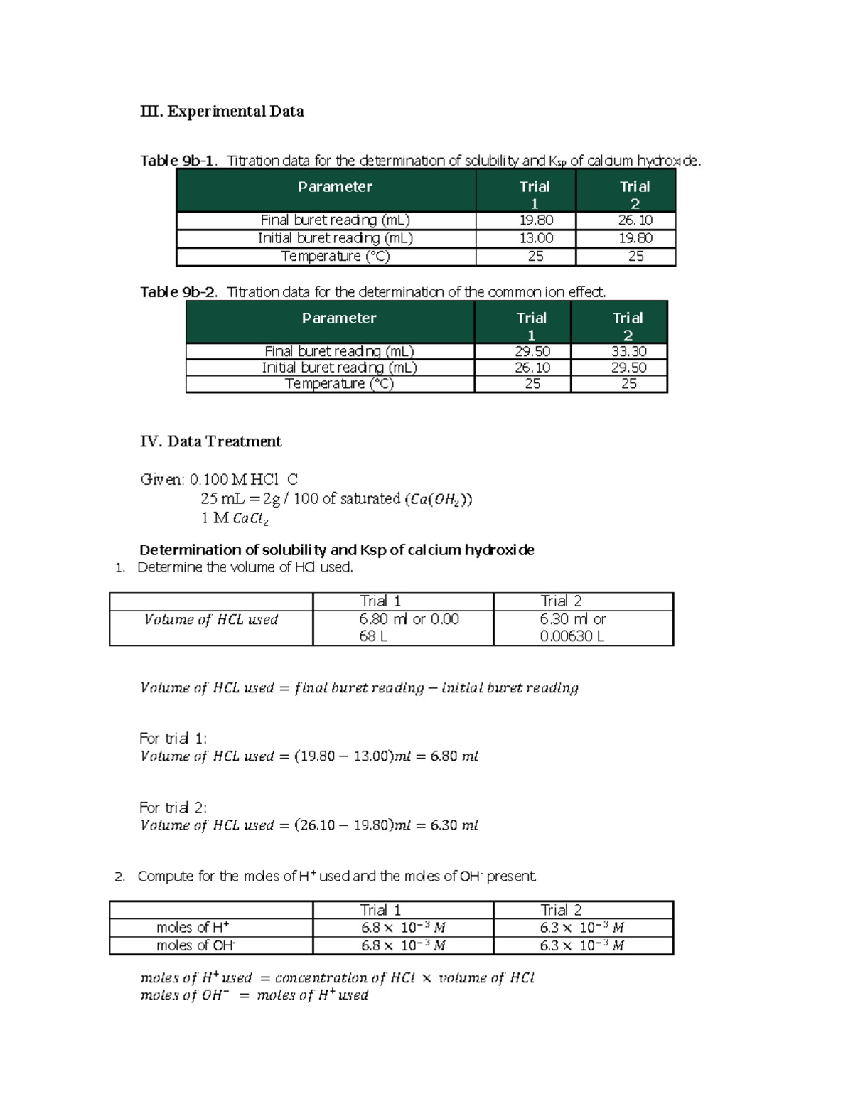 Experiment 9 - Chem lab report - III. Experimental Data Table 9b-1 ...