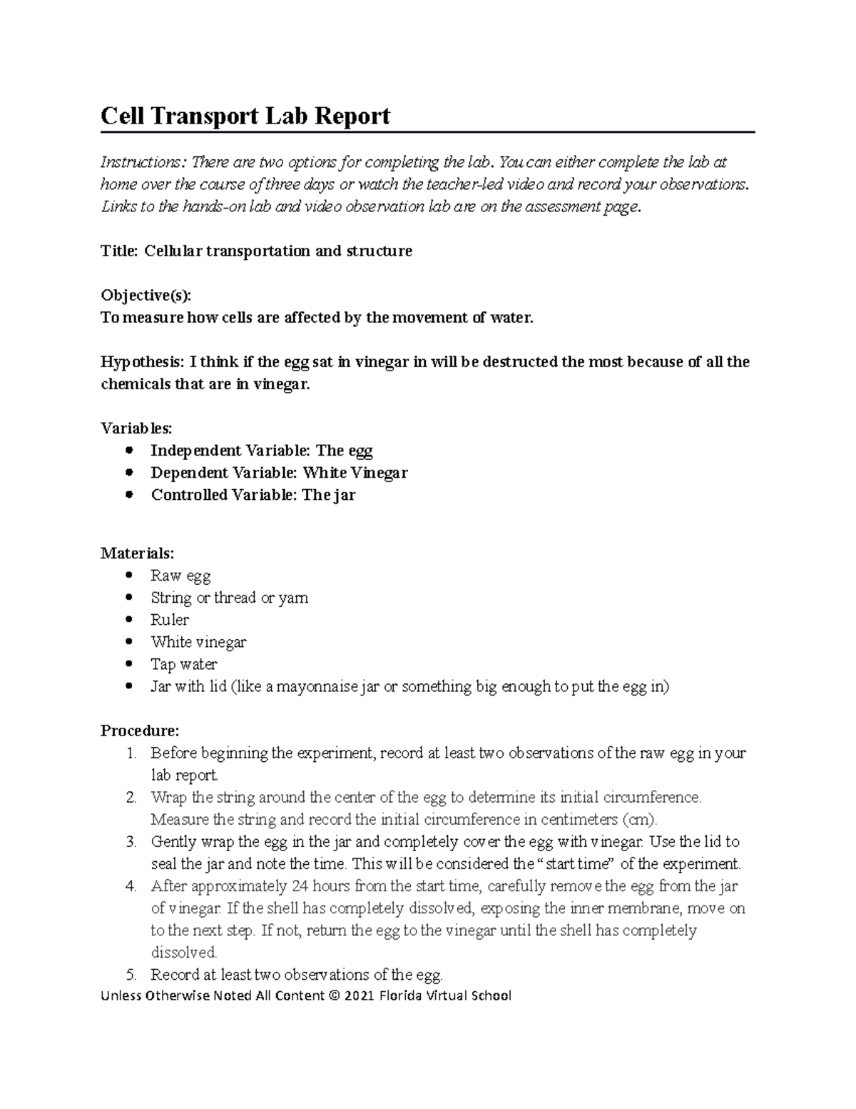 02 04 cell transport lab report - Cell Transport Lab Report Instructions: There are two options ...