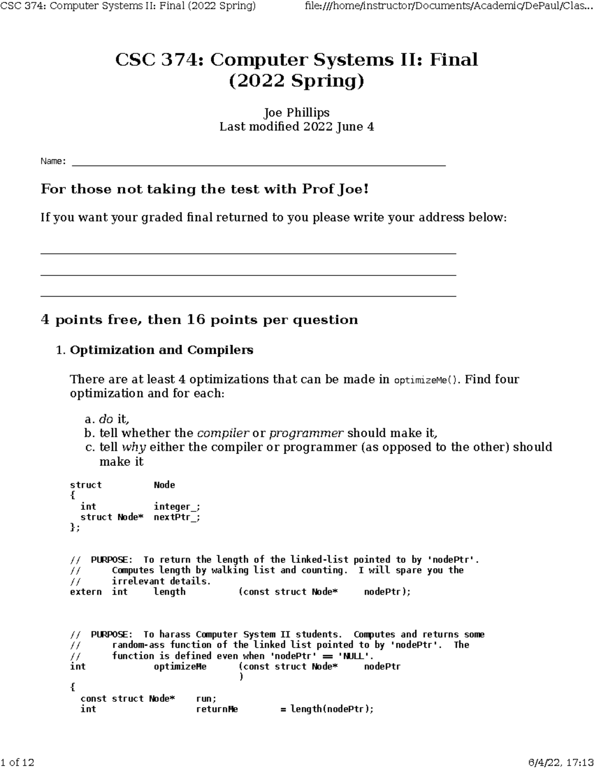 Past Spring Final - CSC 374: Computer Systems II: Final (2022 Spring ...