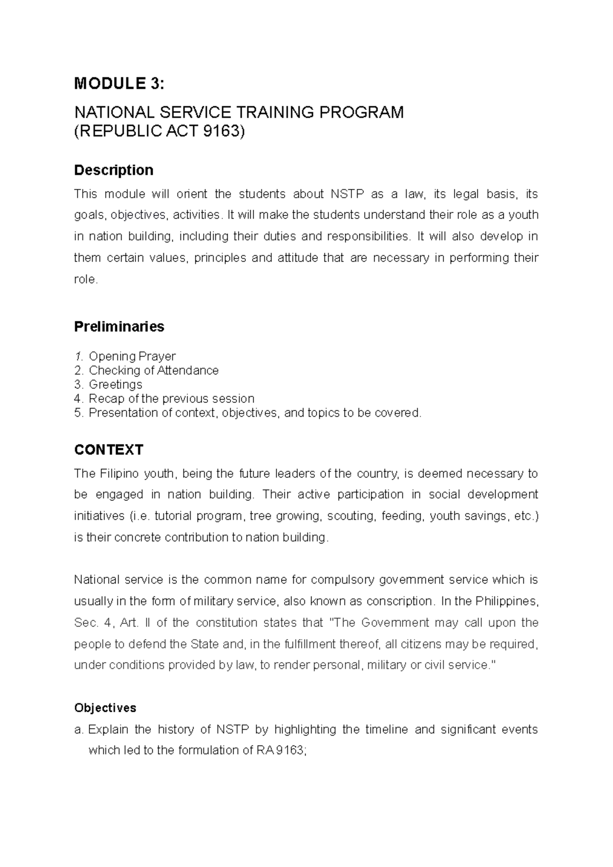 Module 3 RA 9163 or the National Service Training Program - MODULE 3: NATIONAL SERVICE TRAINING ...