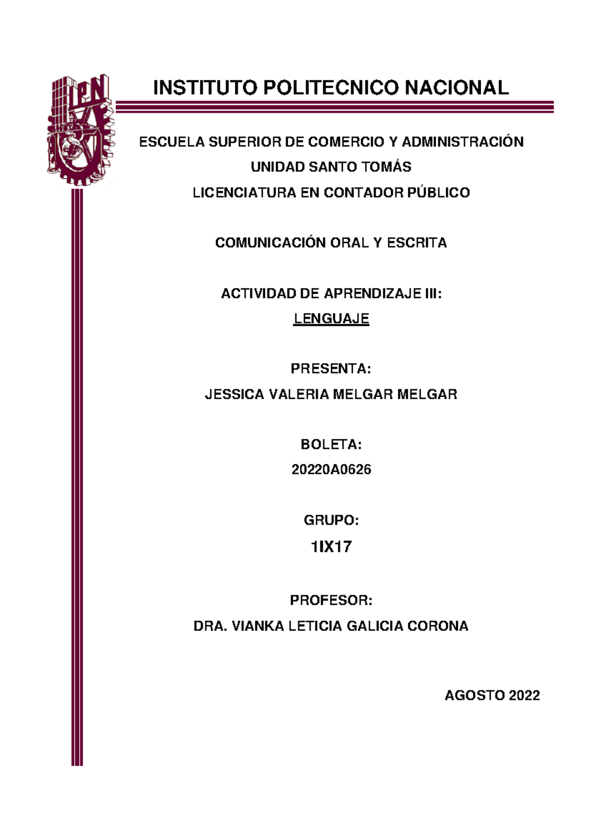 Melgar Melgar Jessica Valeria Actividad 3 - INSTITUTO POLITECNICO ...