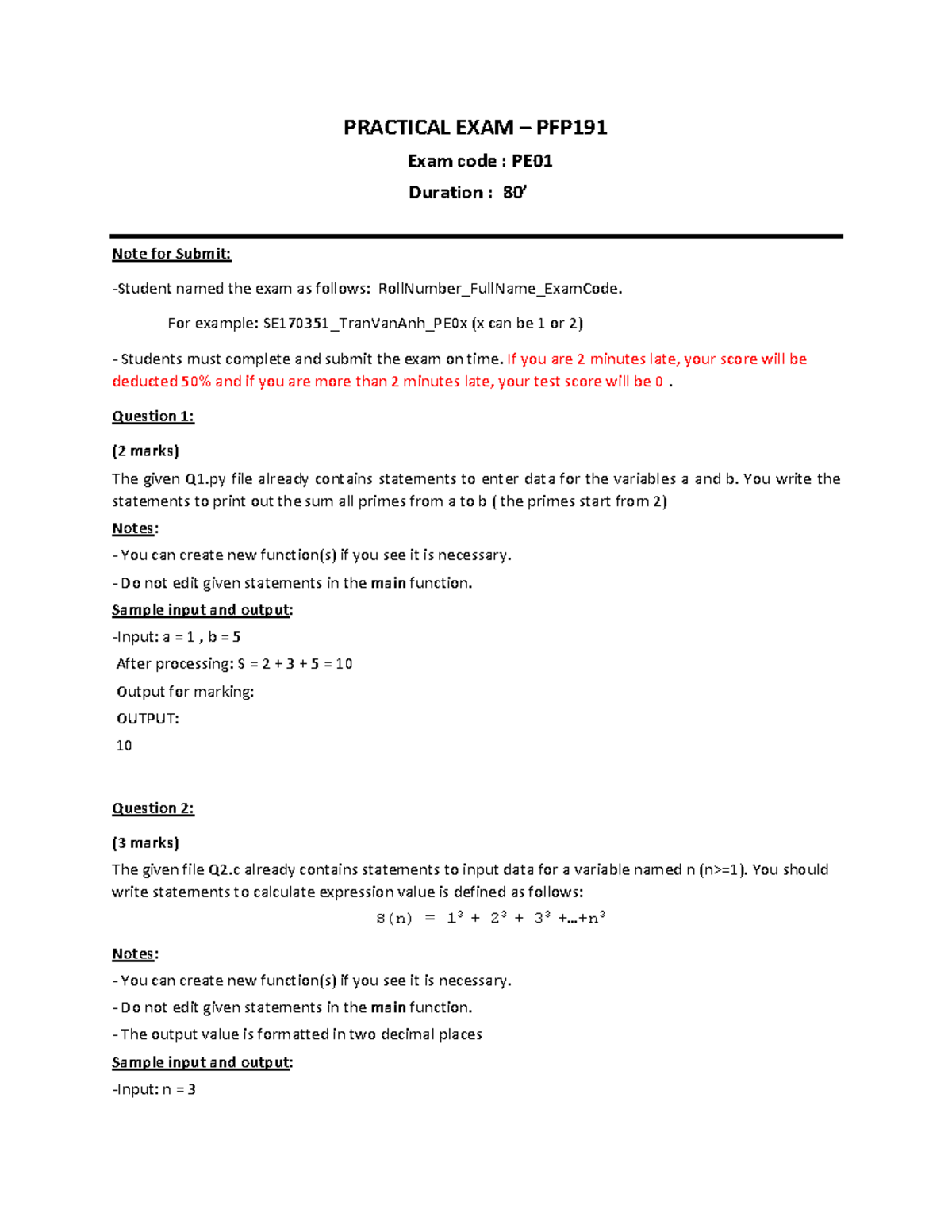 PE 01 - PE để luyện tập - PRACTICAL EXAM – PFP Exam code : PE Duration ...