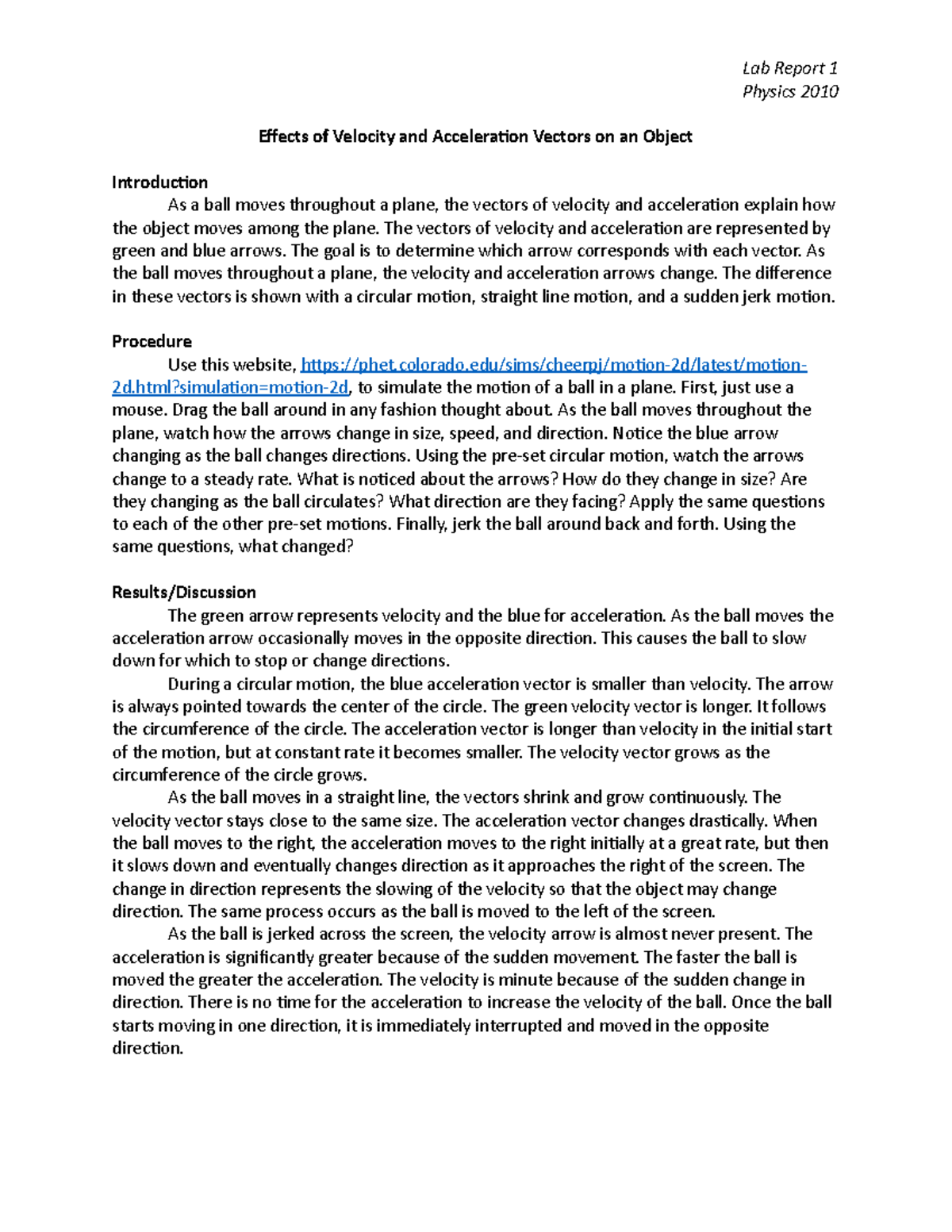 Effects of Velocity and Acceleration Vectors on an Object - Lab Report ...