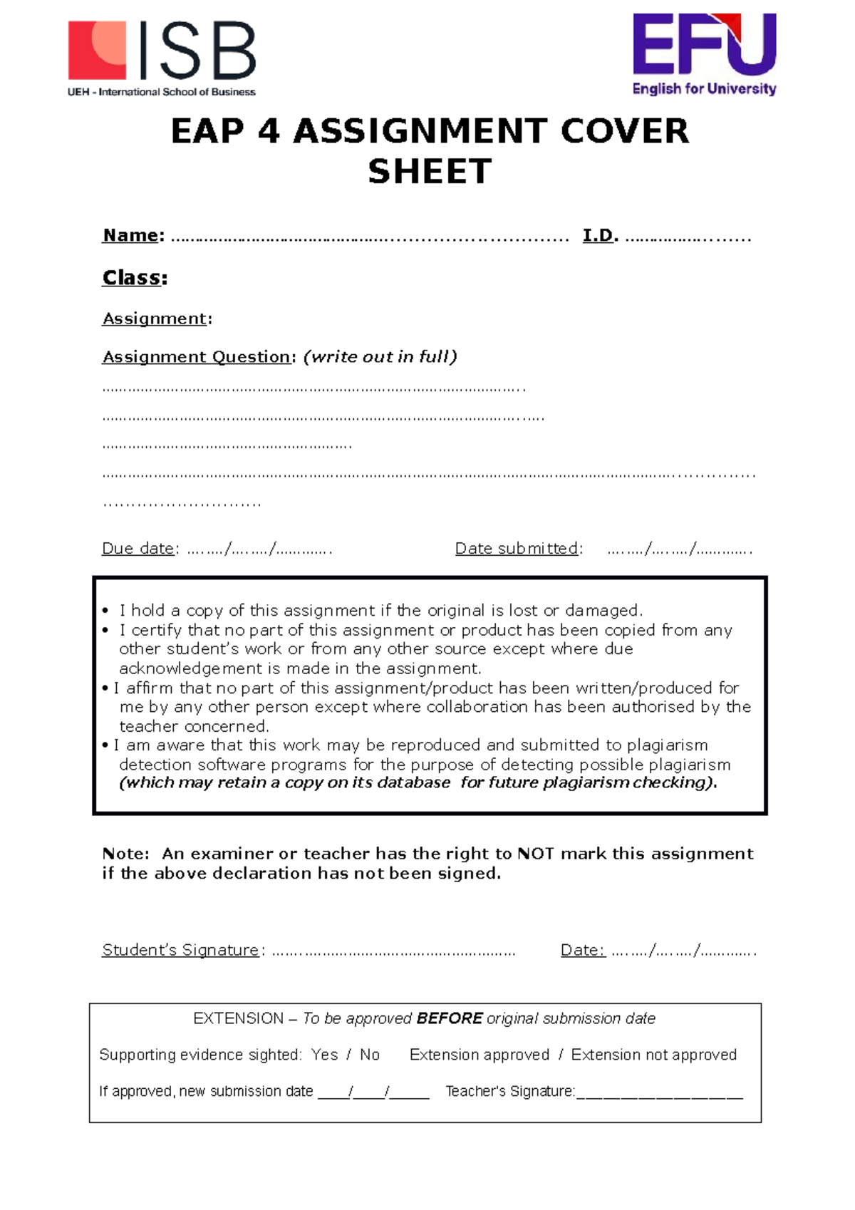 EAP4 Assignment cover sheet - EAP 4 ASSIGNMENT COVER SHEET Name: - Studocu