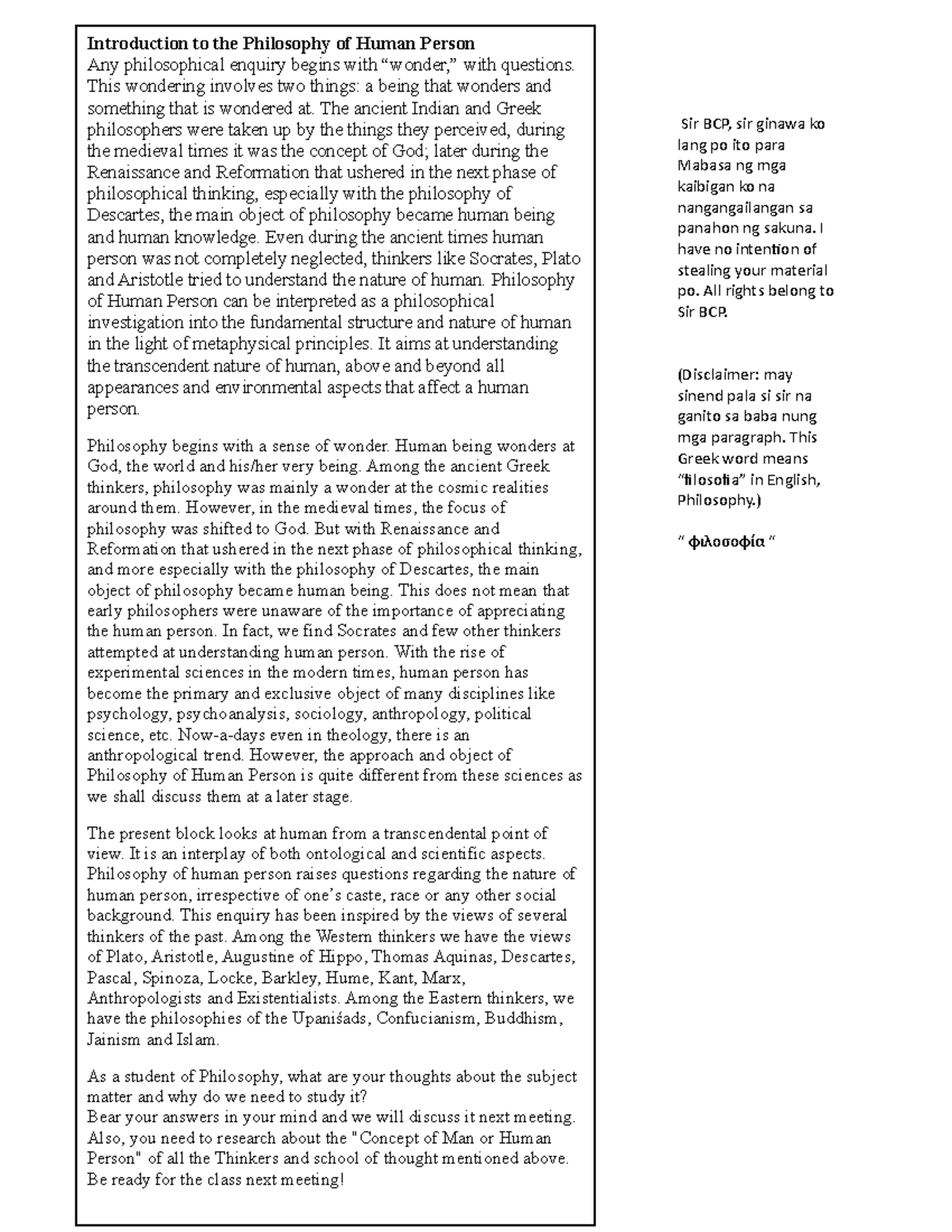 Introduction to Philosophy lecture sample simplified - PNU - Studocu