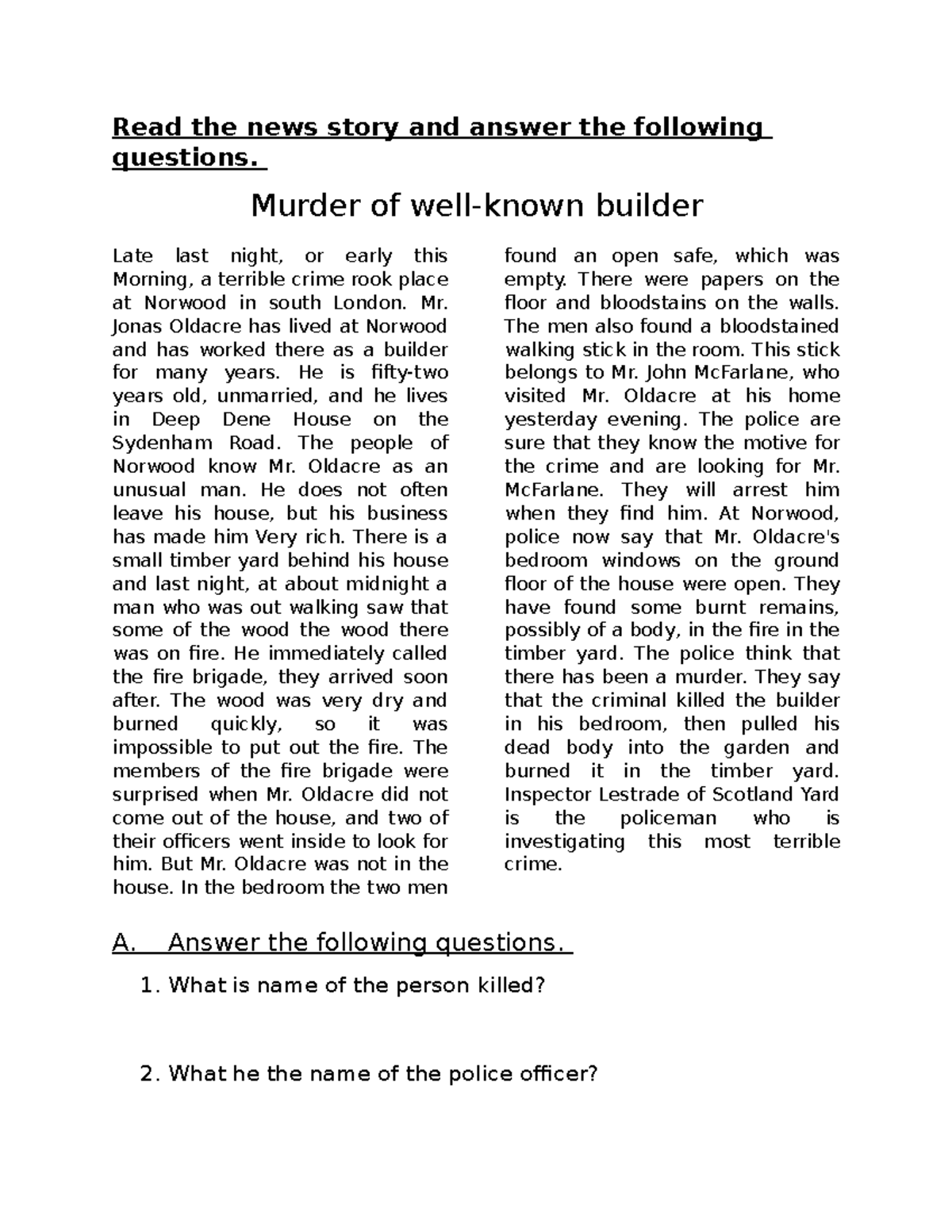 Reading comprehension news - Read the news story and answer the ...