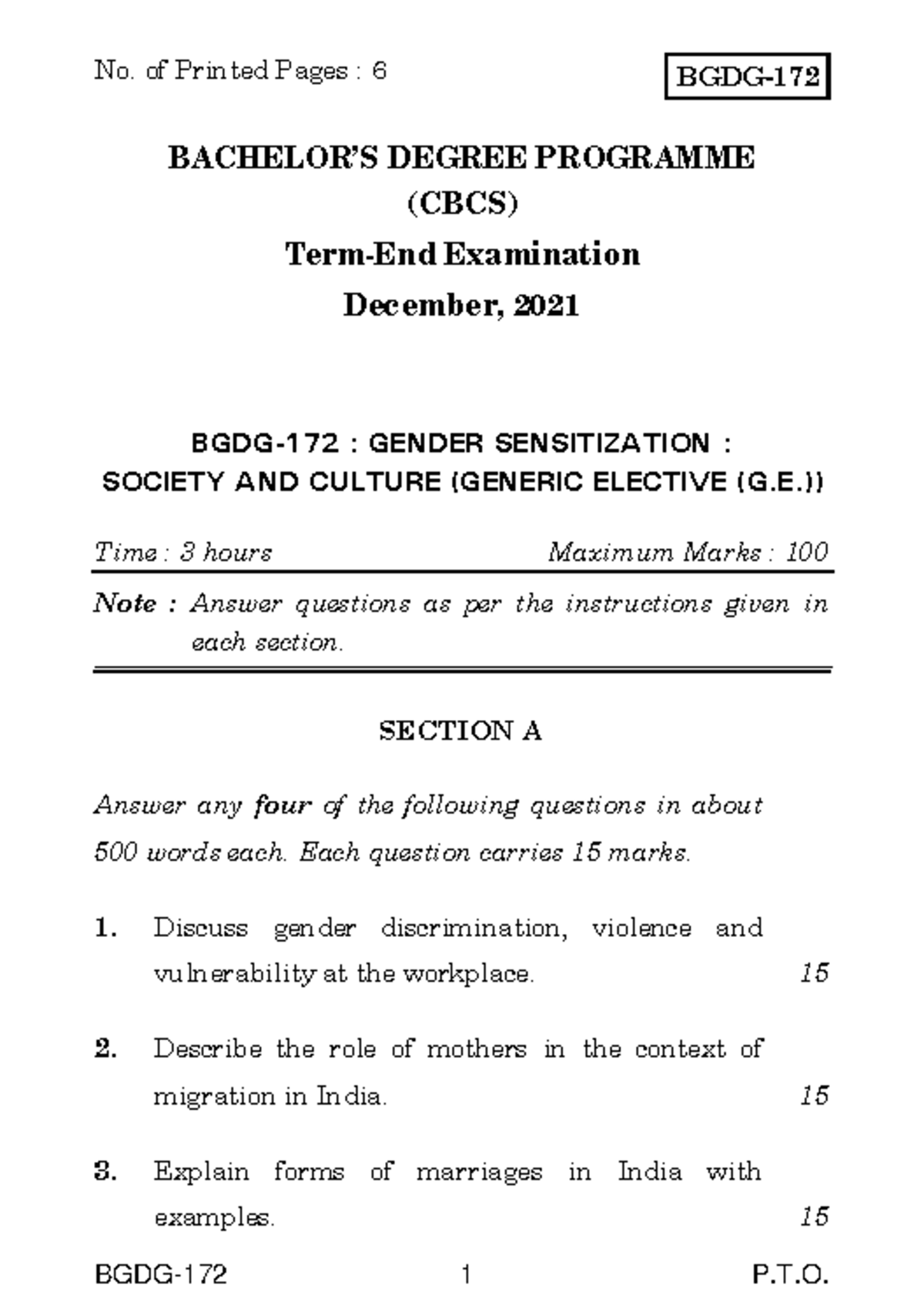 BGDG-172 - T. BGDG- BACHELO R’S DEGREE PROGRAMME (CBCS) Term-End ...