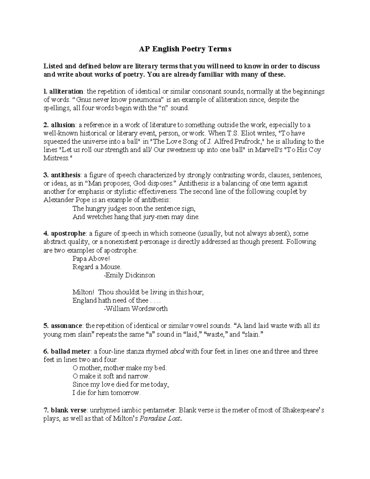 AP English Poetry Terms - AP English Poetry Terms Listed and defined ...