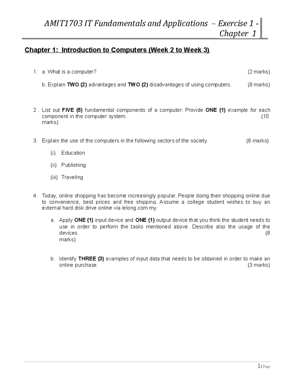 Exercise 1Q - Chapter 1 Introduction to Computers - AMIT1703 IT ...
