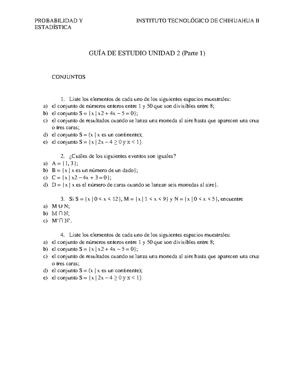 II Guia de estudio unidad 2 (parte 1) - PROBABILIDAD Y INSTITUTO TECNOLÓGICO DE CHIHUAHUA II ...
