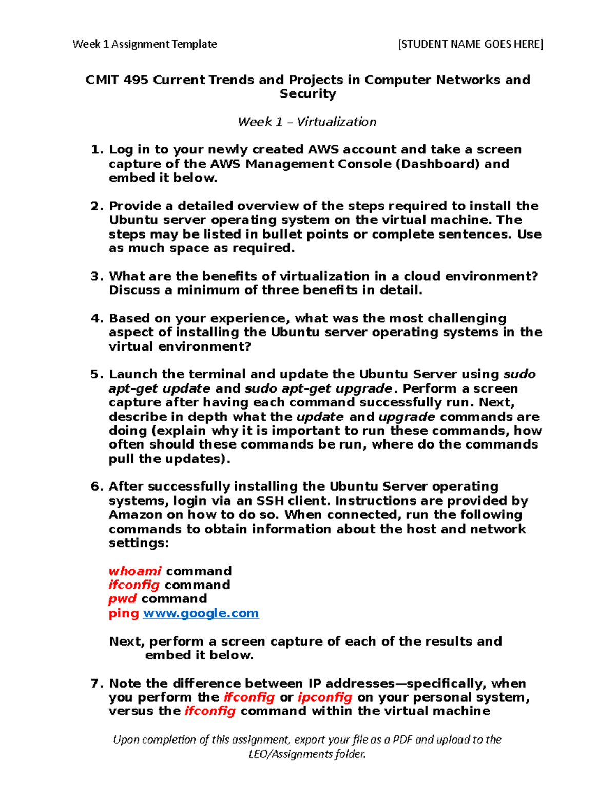 Virtualization Assignment Template - Week 1 Assignment Template [STUDENT NAME GOES HERE] CMIT ...