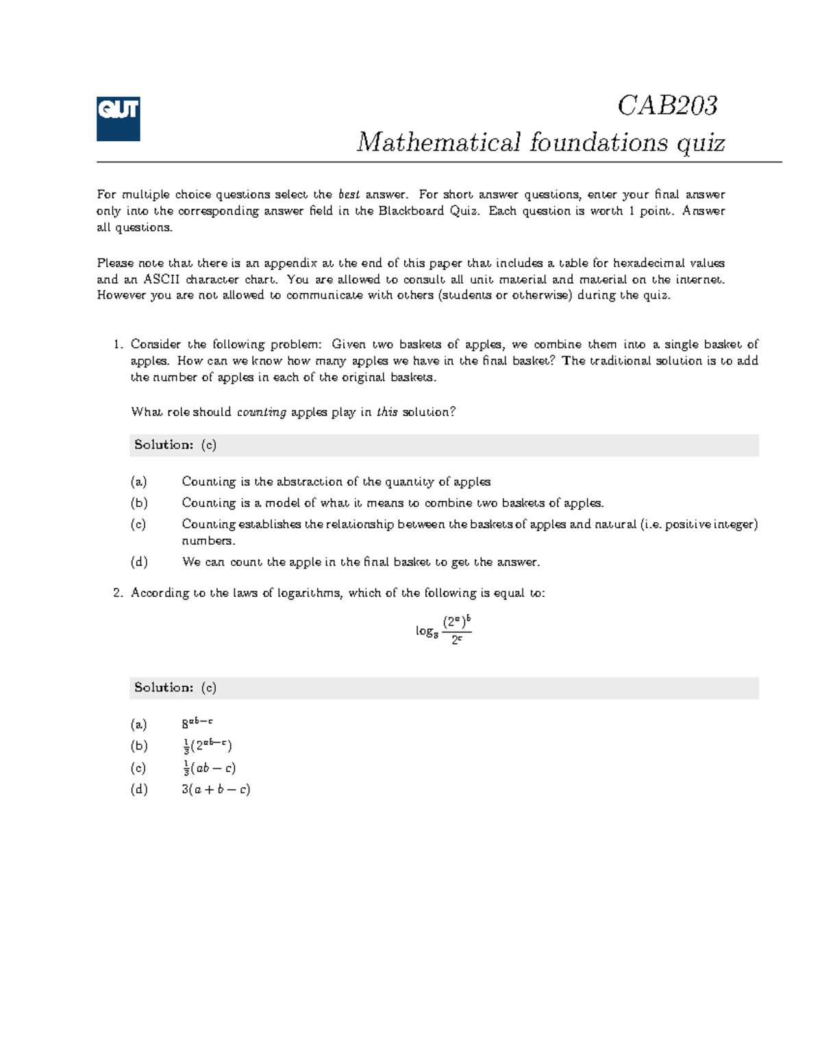 Quizsolutions - Mathematics Foundations Practice Quiz Solutions - CAB ...