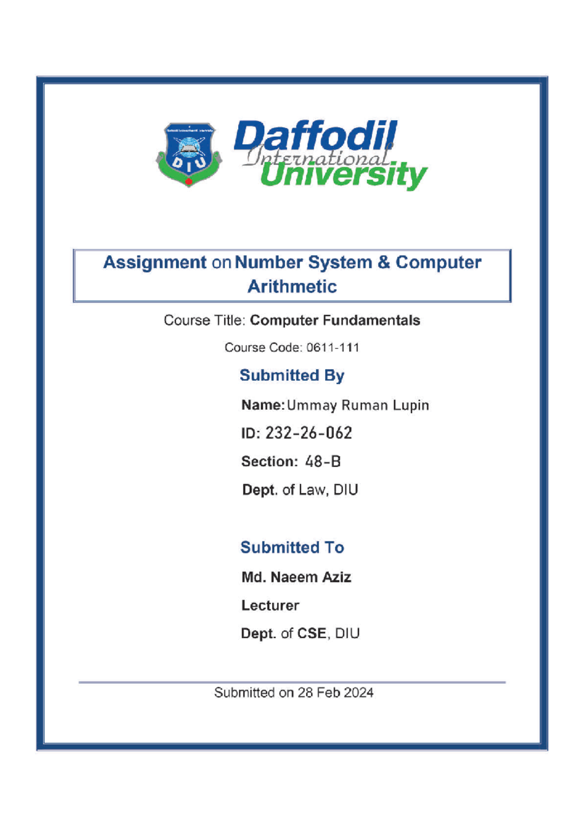 Assignment of Computer Fundamentals - Daffodil International, University Assignment on Number ...