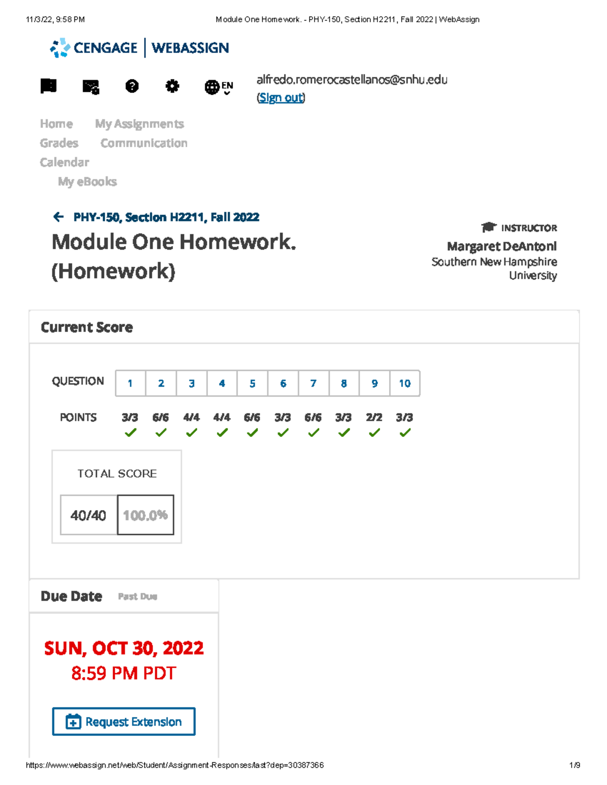 Module One Homework. - PHY-150, Section H2211, Fall 2022 Web Assign - EN alfredo@snhu (Sign out ...
