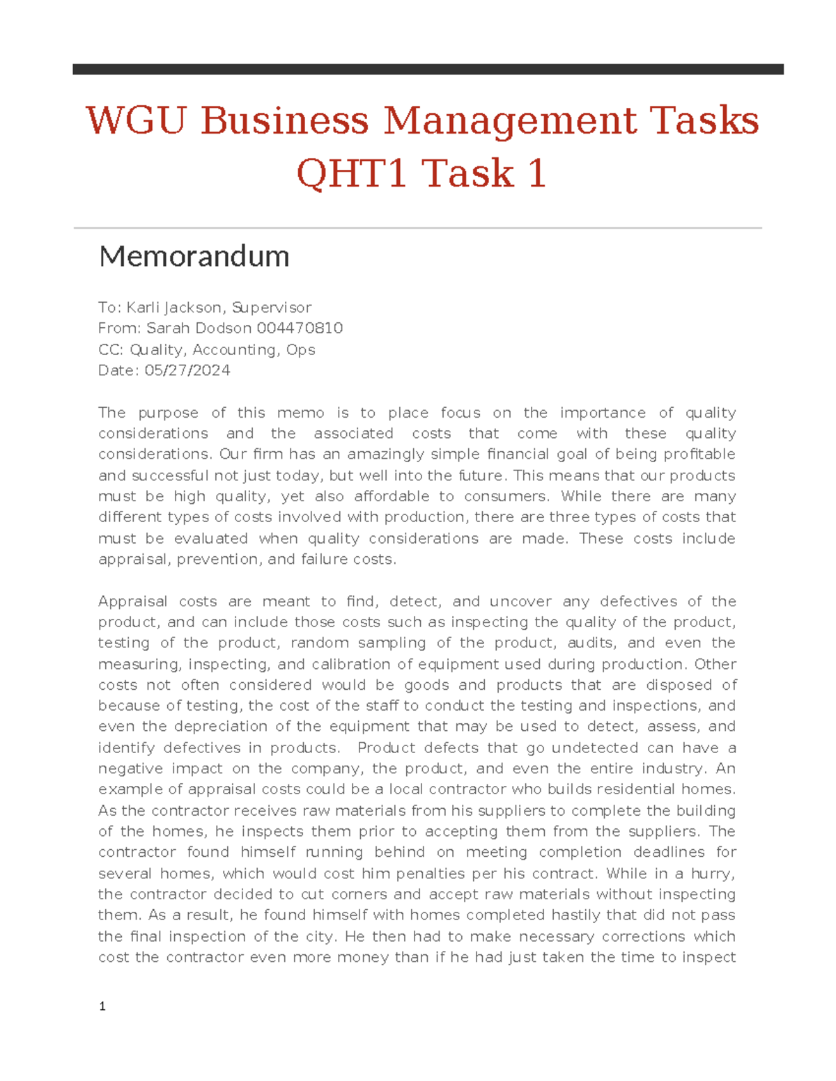 SDodson QHT 1 Task1 Business Management Tasks Memorandum - WGU Business ...
