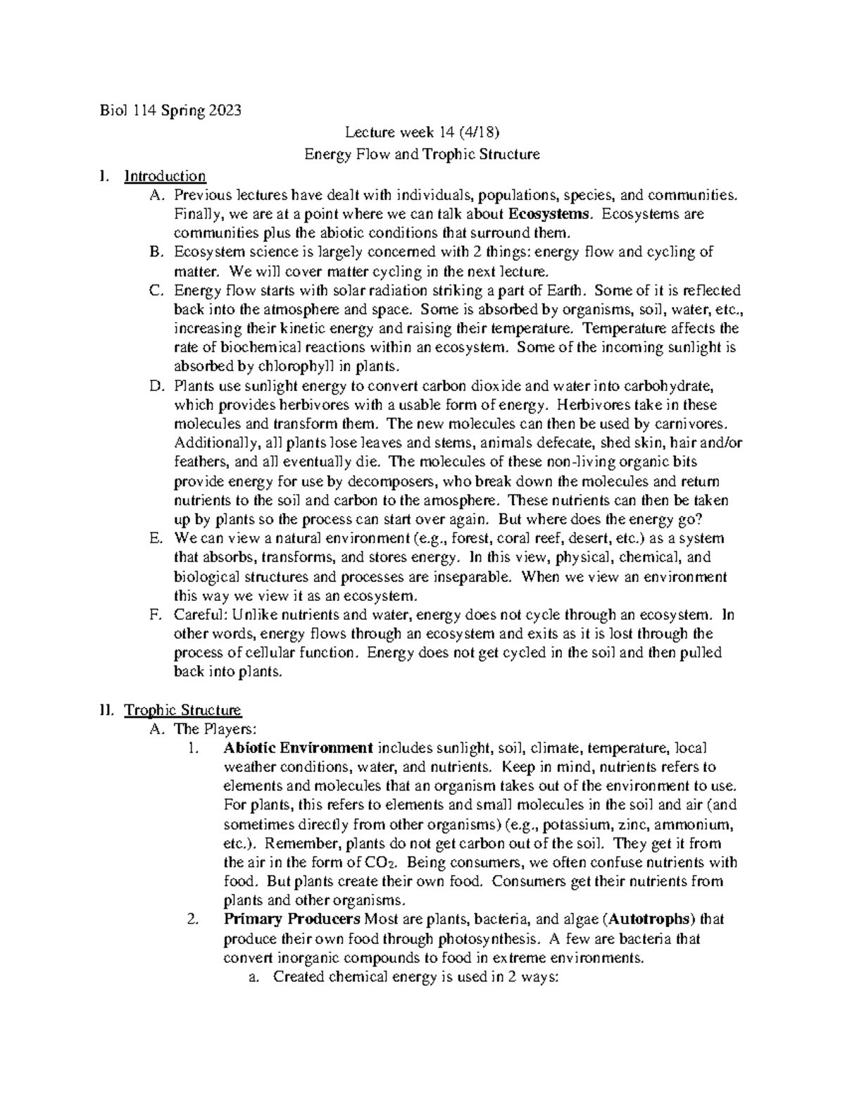 Lecture week 14 (4-18) - Notes Energy flow and trophic structure - Biol ...