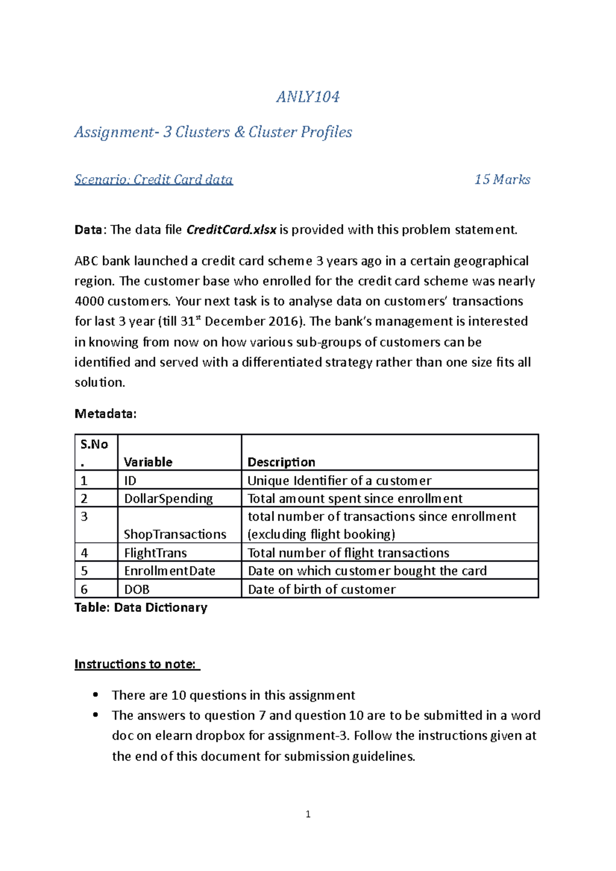 Assignment 03 Student Updated - ANLY104 Assignment- 3 Clusters ...