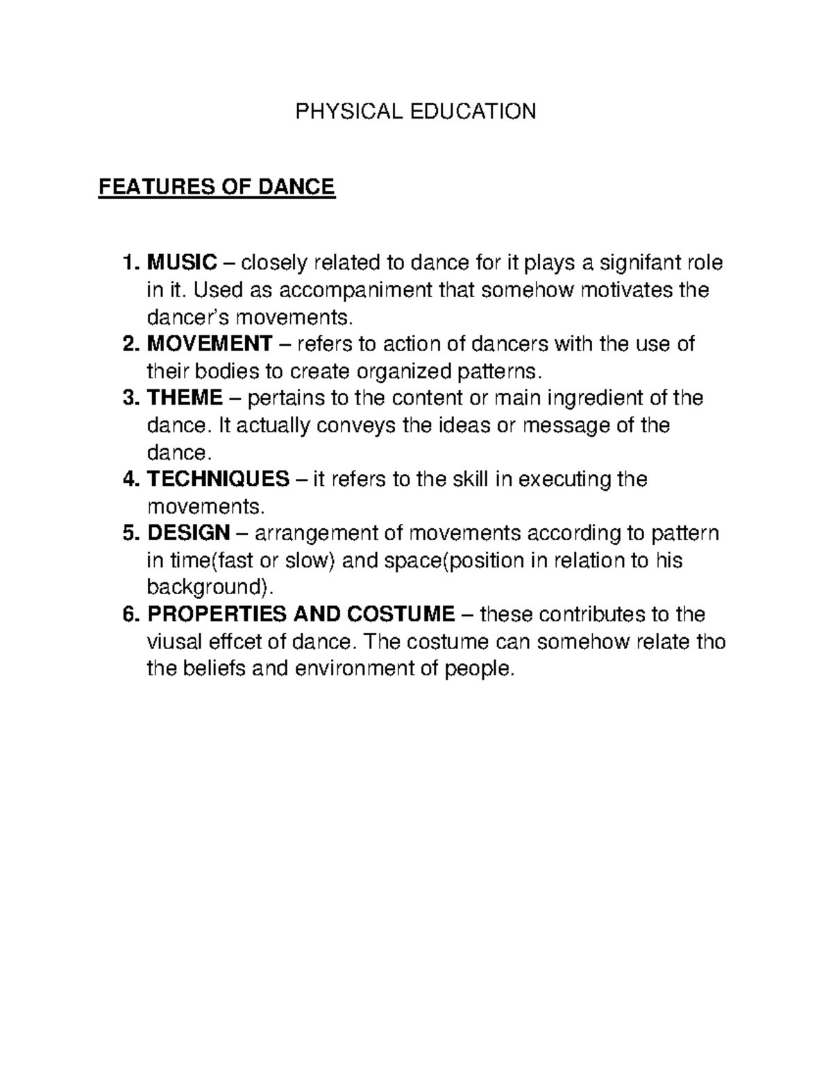PE features of dance - PE notes - PHYSICAL EDUCATION FEATURES OF DANCE ...