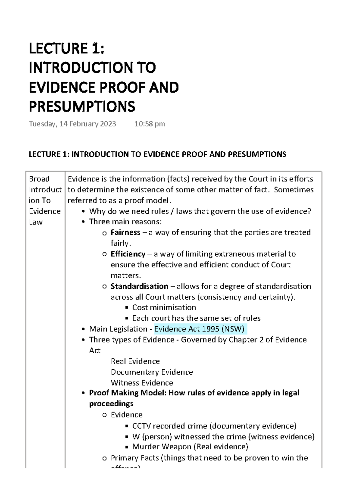 Lecture 1 Introduction TO Evidence Proof AND Presumptions - LECTURE 1 ...