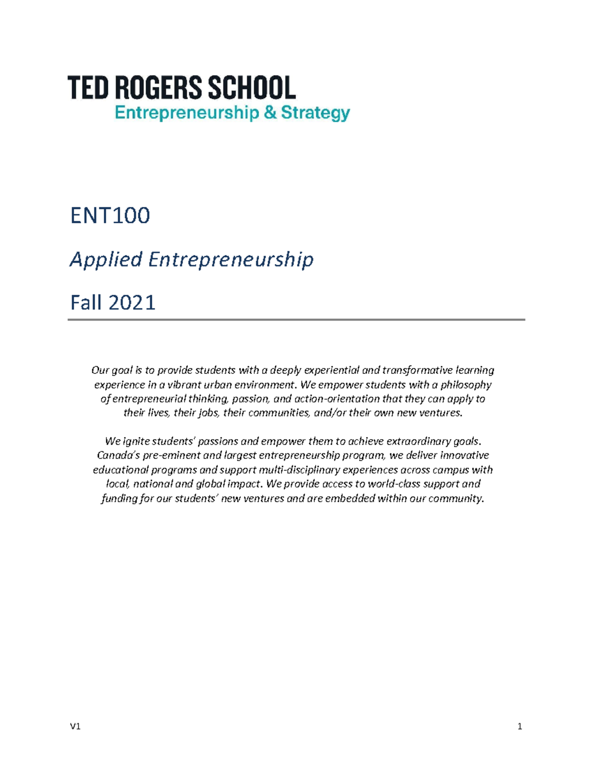 ENT100Course Outline F 21 011 - ENT Applied Entrepreneurship Fall 2021 ...