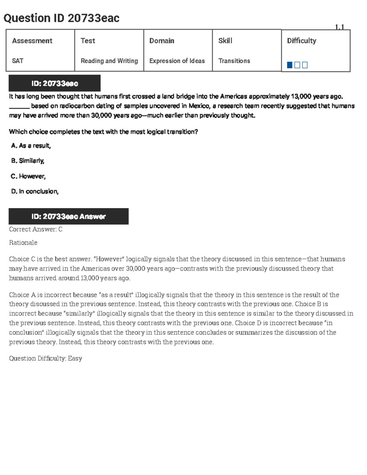 Transitions (Level 1) Answer Key - Question ID 20733eac ID: 20733 eac ...