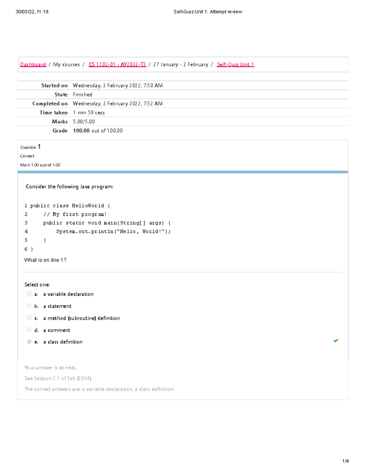 Self Quiz Unit 1 - Practice material to improve your knowledge CS 1102 ...