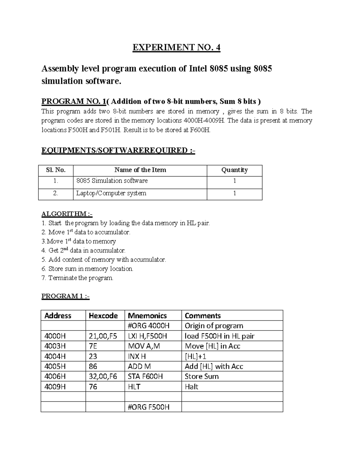 Experiment NO-4 lab - EXPERIMENT NO. 4 Assembly level program execution ...