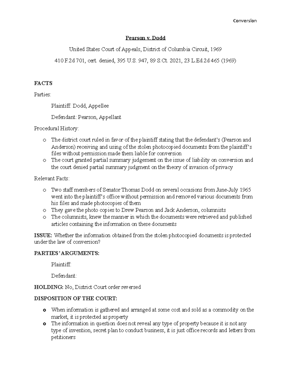 Pearson v Dodd Case Brief - Conversion Pearson v. Dodd United States ...