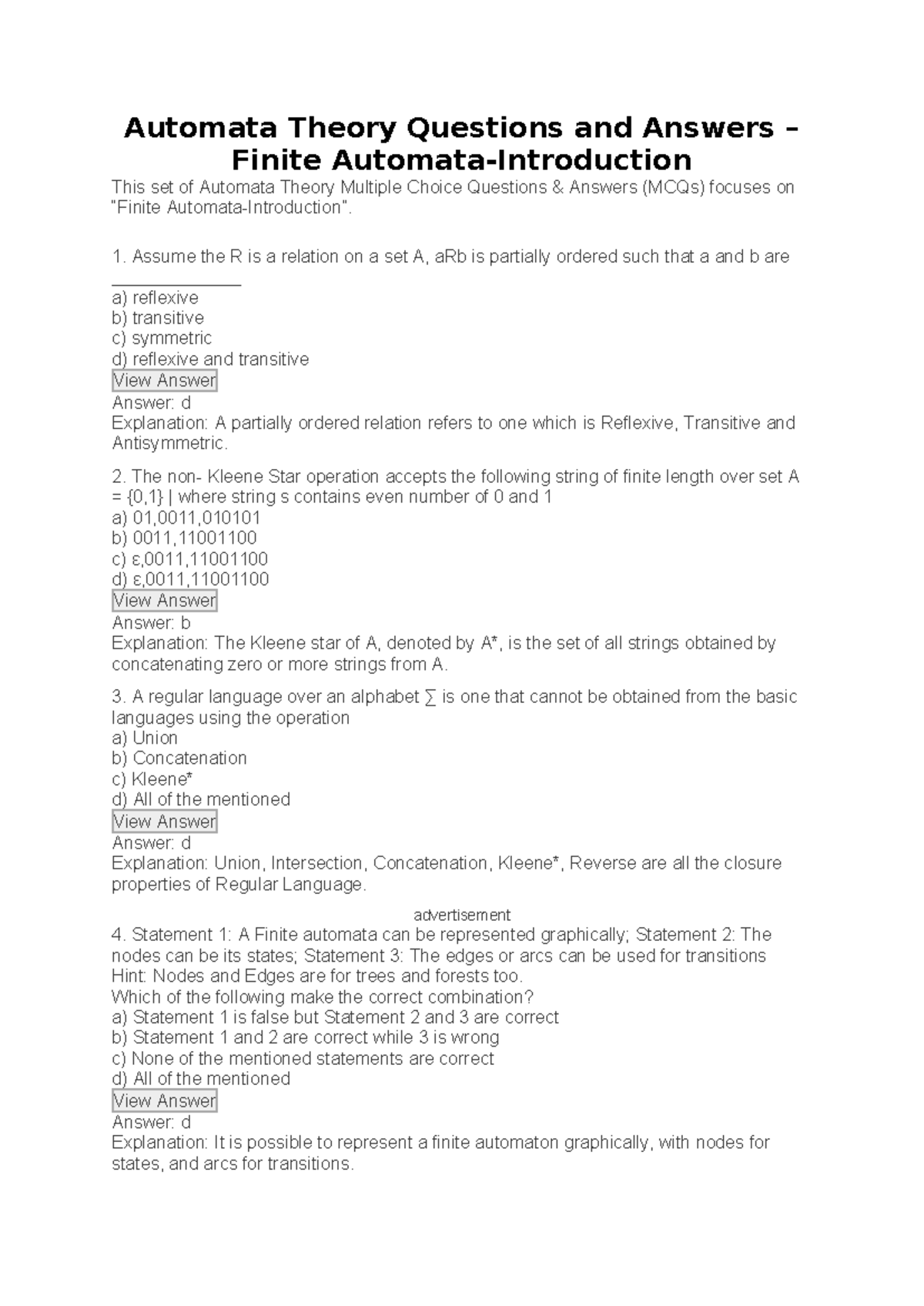 Automata Theory Questions and Answers - Assume the R is a relation on a set A, aRb is partially ...