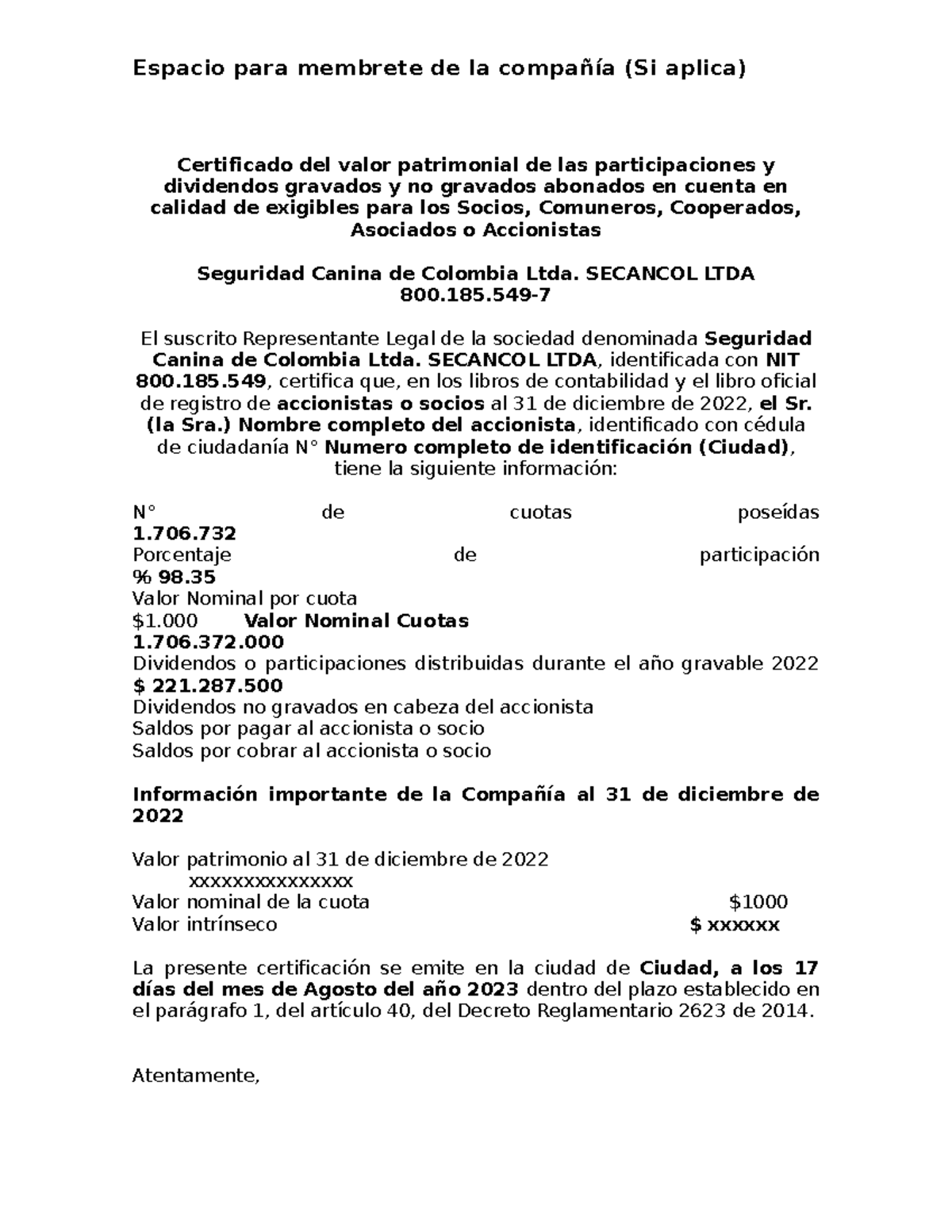 fomato cxc no declarantes de iva - Espacio para membrete de la compañía ...