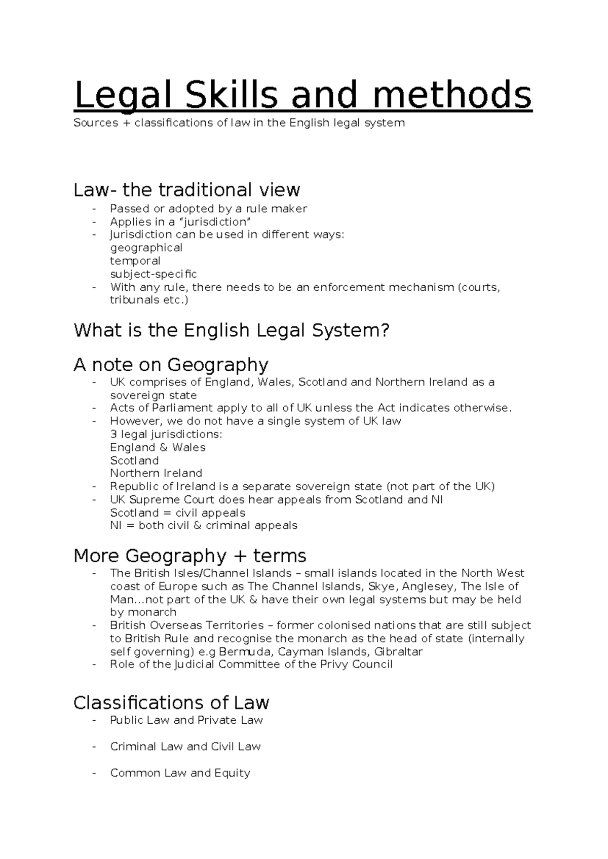 WEEK 3- Sources + classifications of law in the English legal system ...