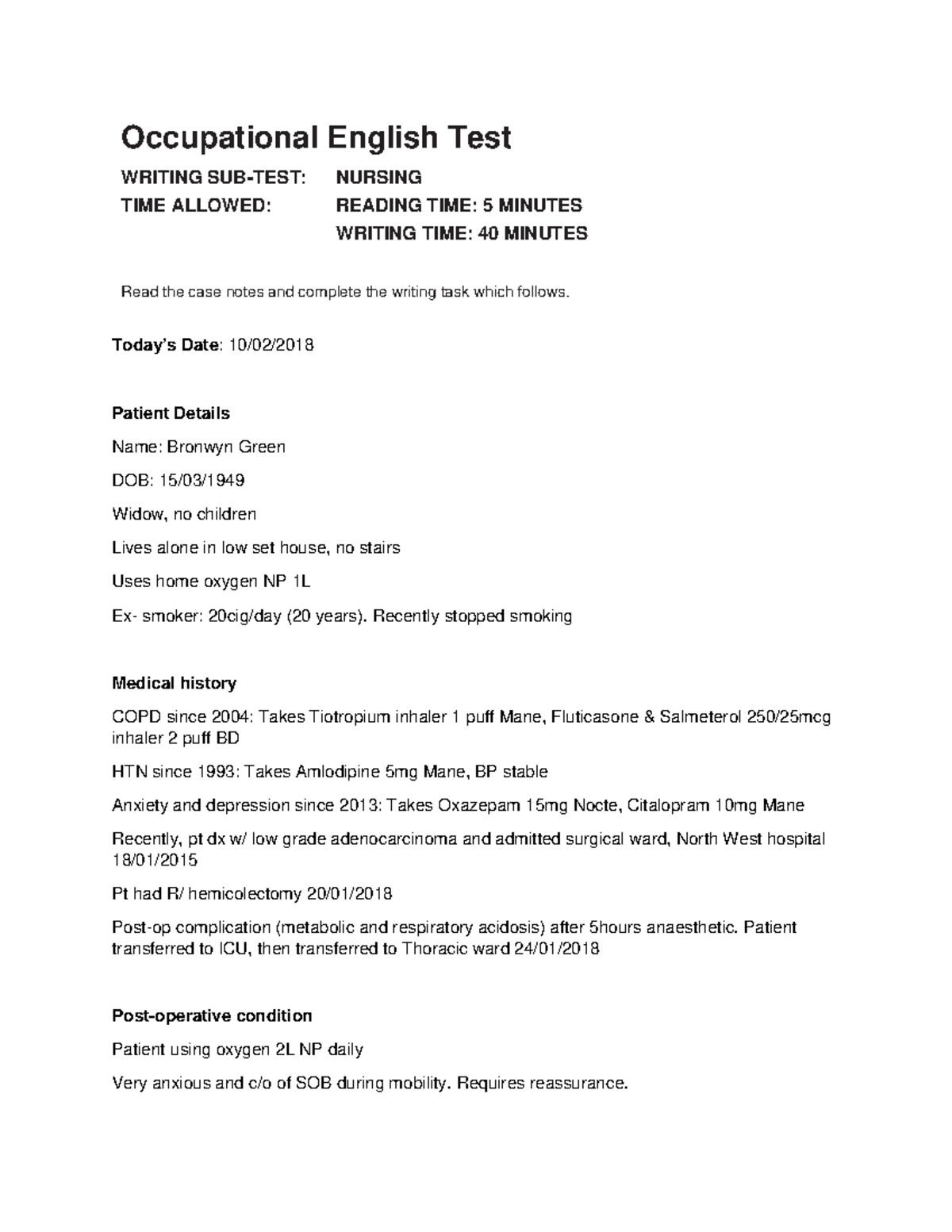 Brownwyn Green - OET Writing Casenote - Occupational English Test ...