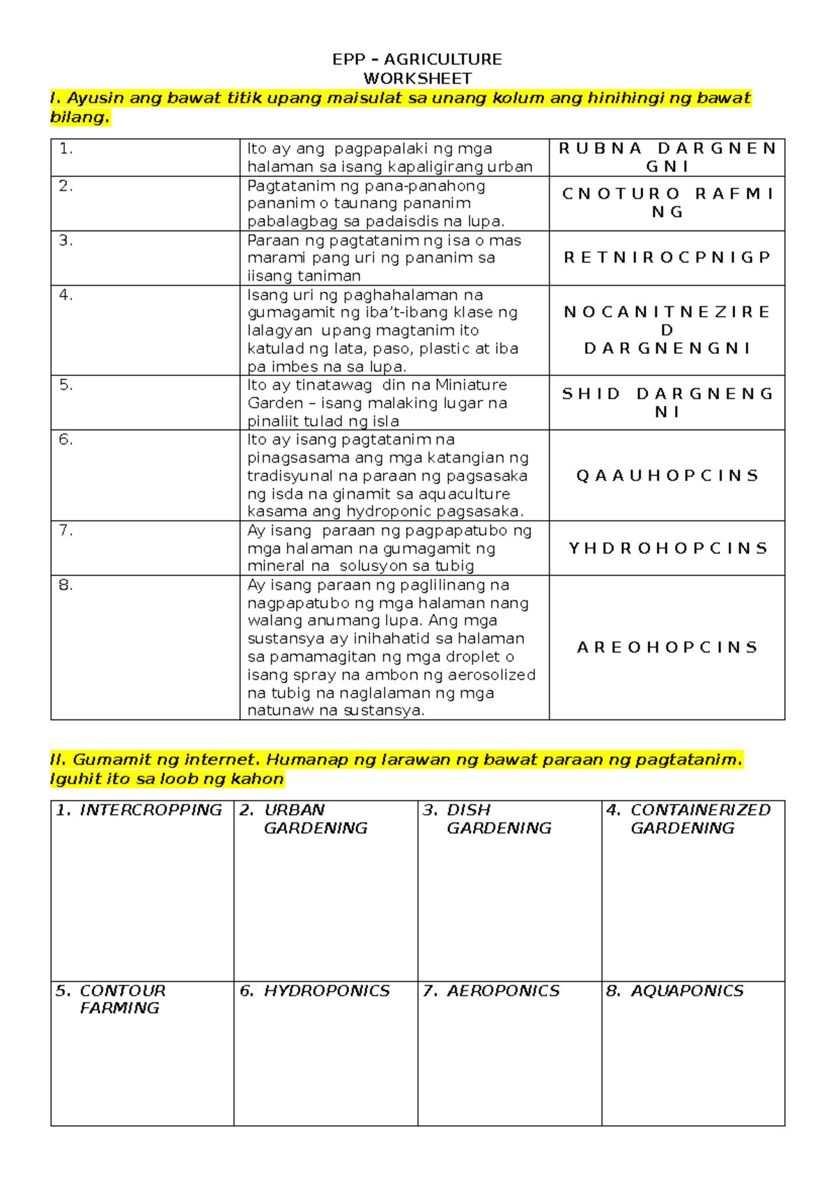 Worksheet - EPP – AGRICULTURE WORKSHEET I. Ayusin ang bawat titik upang ...