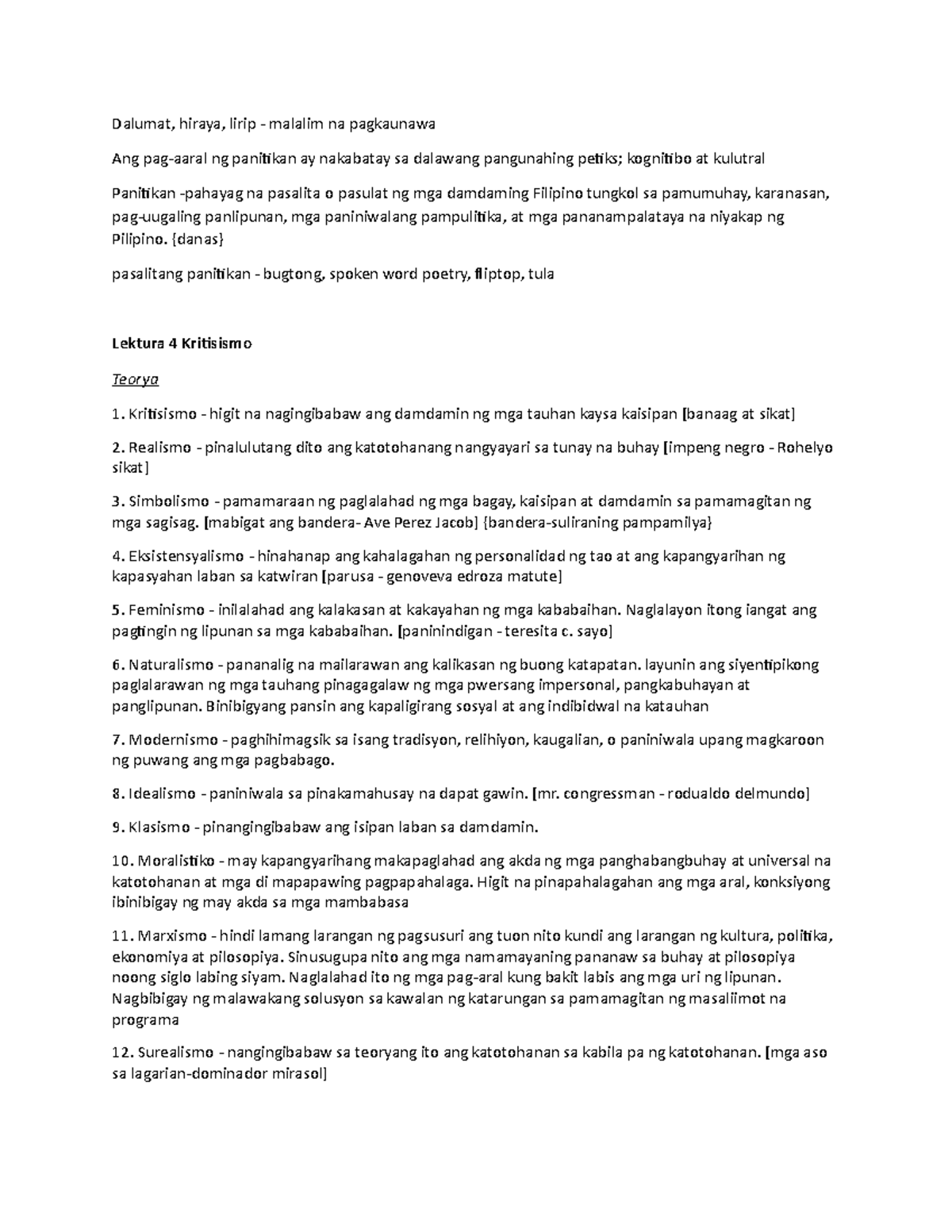 Panitikan Notes - Dalumat, hiraya, lirip - malalim na pagkaunawa Ang ...