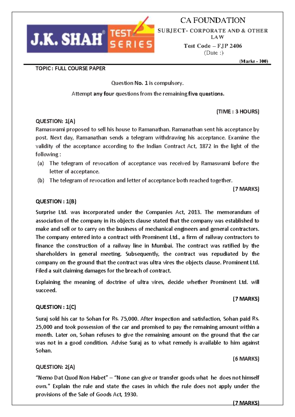 FJP 2406 LAW Question Paper - CA FOUNDATION SUBJECT- CORPORATE AND ...