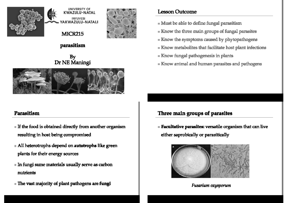 Fungal Parasitism - UNIVERSITY OF Lesson Outcome INYUVESI Must be able ...
