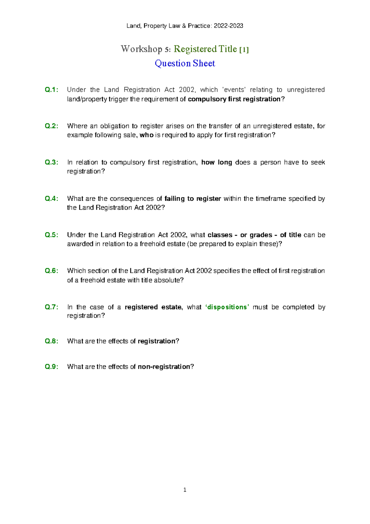 Workshop 5 - Registered Title - Question Sheet - Land, Property Law ...