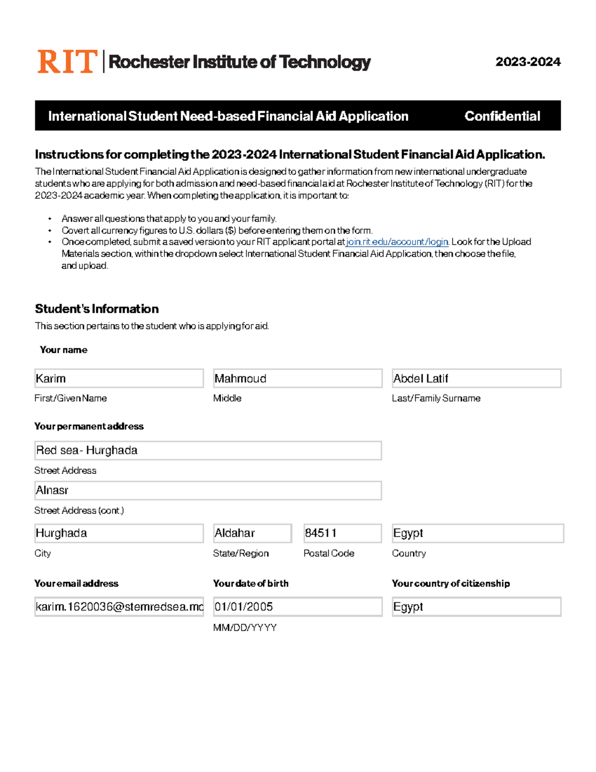 RIT International Financial Aid Application Form - International ...