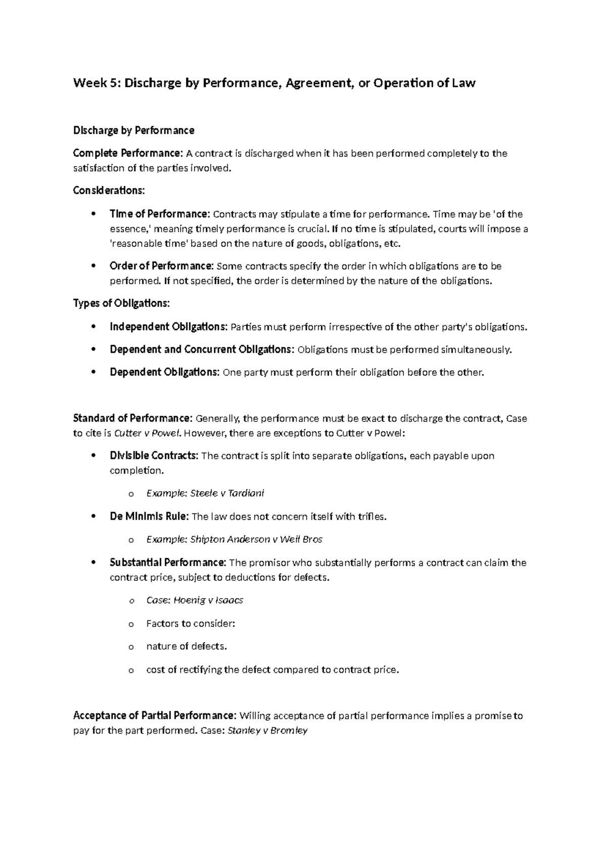Contract law Week 5 Discharge by Performance - Week 5: Discharge by ...