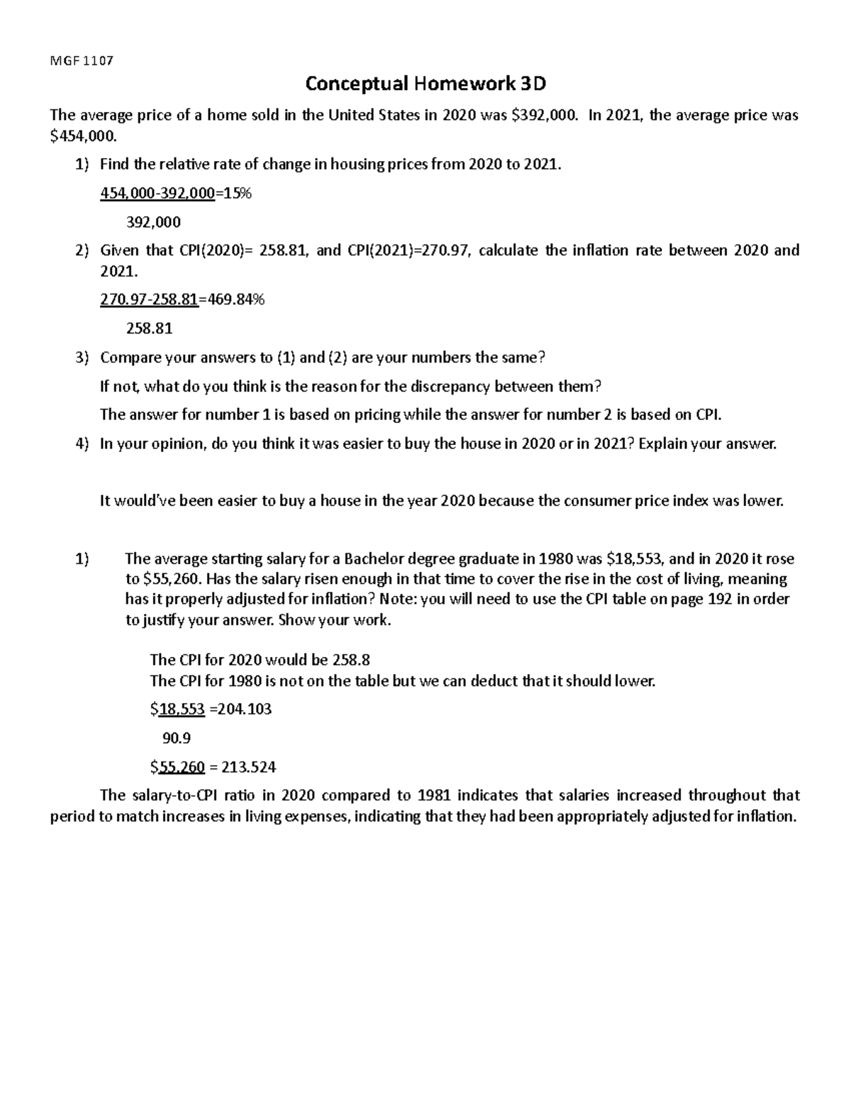 Conceptual HW 3D - MGF 1107 Conceptual Homework 3D The average price of ...